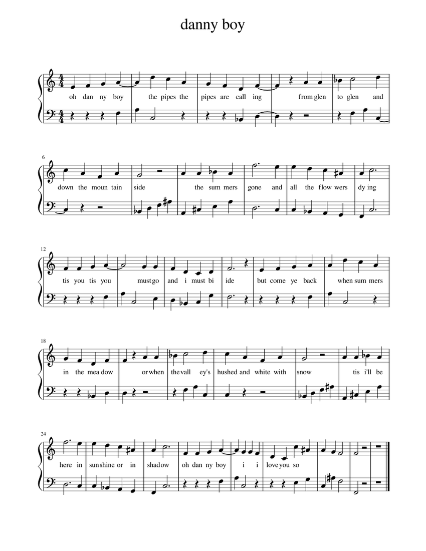 danny boy 2 with lyrics Sheet Music for Piano (Solo) easy | MuseScore.com