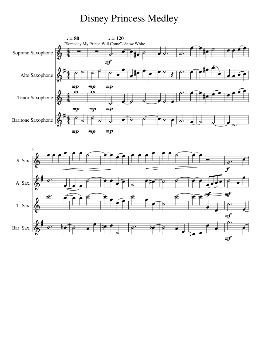 Disney Princess Medley Sax Quartet Sheet Music for Saxophone alto ...