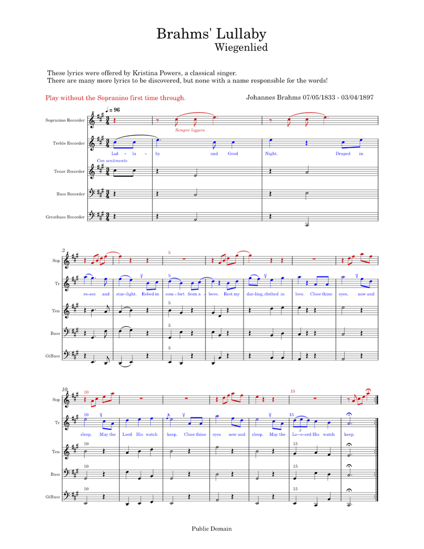 Brahms' Lullaby Sheet Music for Recorder (Woodwind Ensemble ...