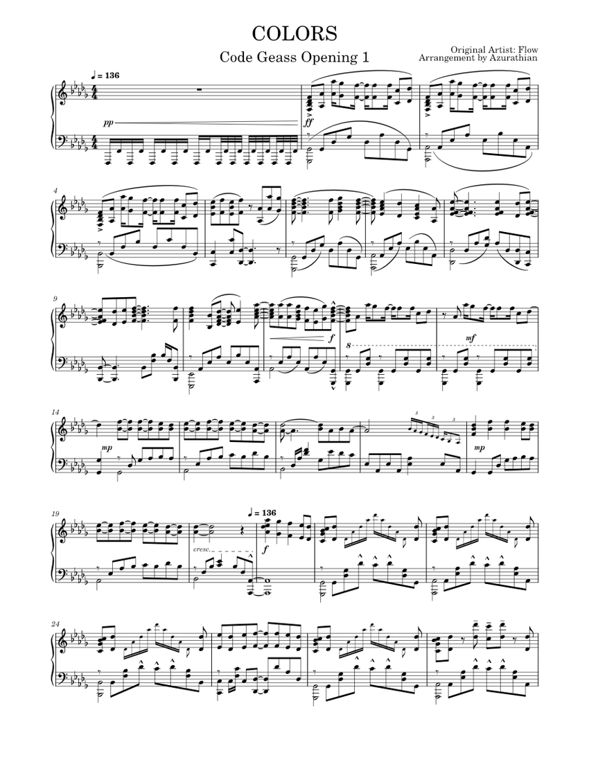 COLORS - Code Geass [piano] (Full) Sheet Music for Piano (Solo ...