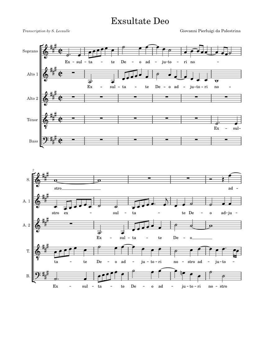 Exsultate Deo Palestrina Sheet Music for Soprano, Alto, Tenor, Bass ...