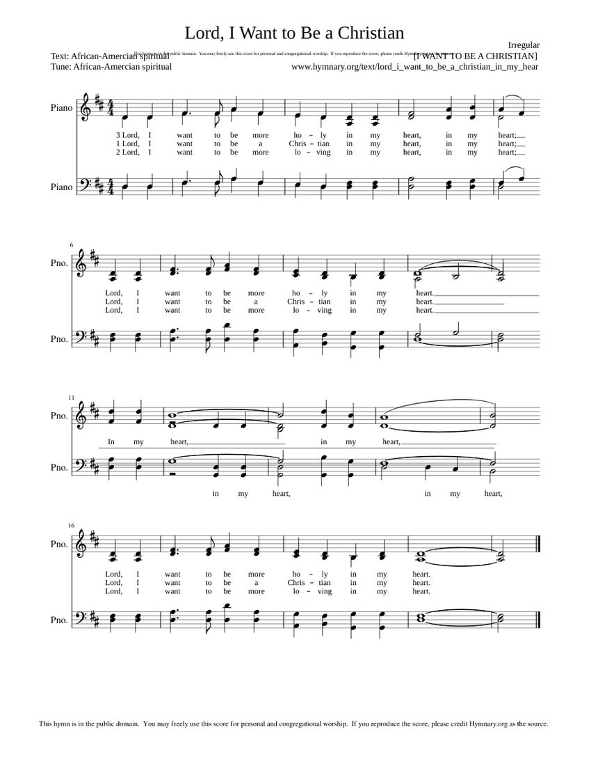Lord, I want to be a Christian Sheet Music for Piano (Piano Duo ...