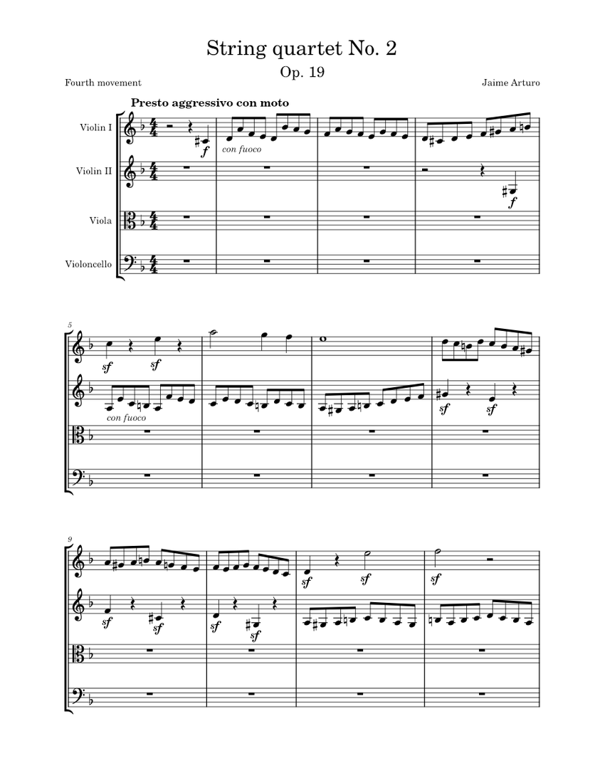 String quartet No. 2 (Presto aggressivo con moto), Op.19 Sheet music for Violin, Viola, Cello ...