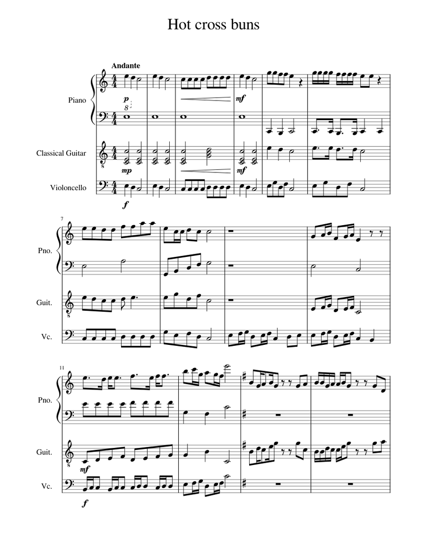 Hot cross buns Sheet music for Piano, Cello, Guitar (Mixed Trio ...