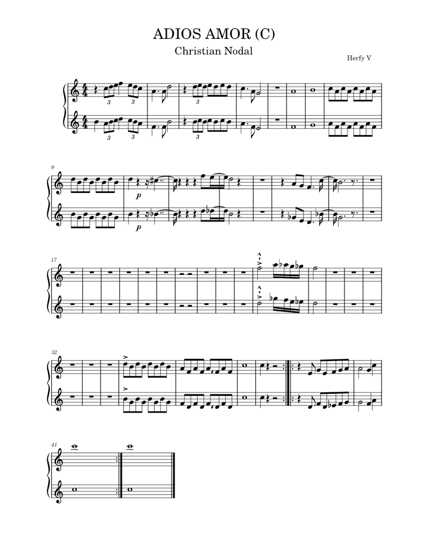 Adiós amor – Christian Nodal Adios amor Duet Sheet Music for Piano ...