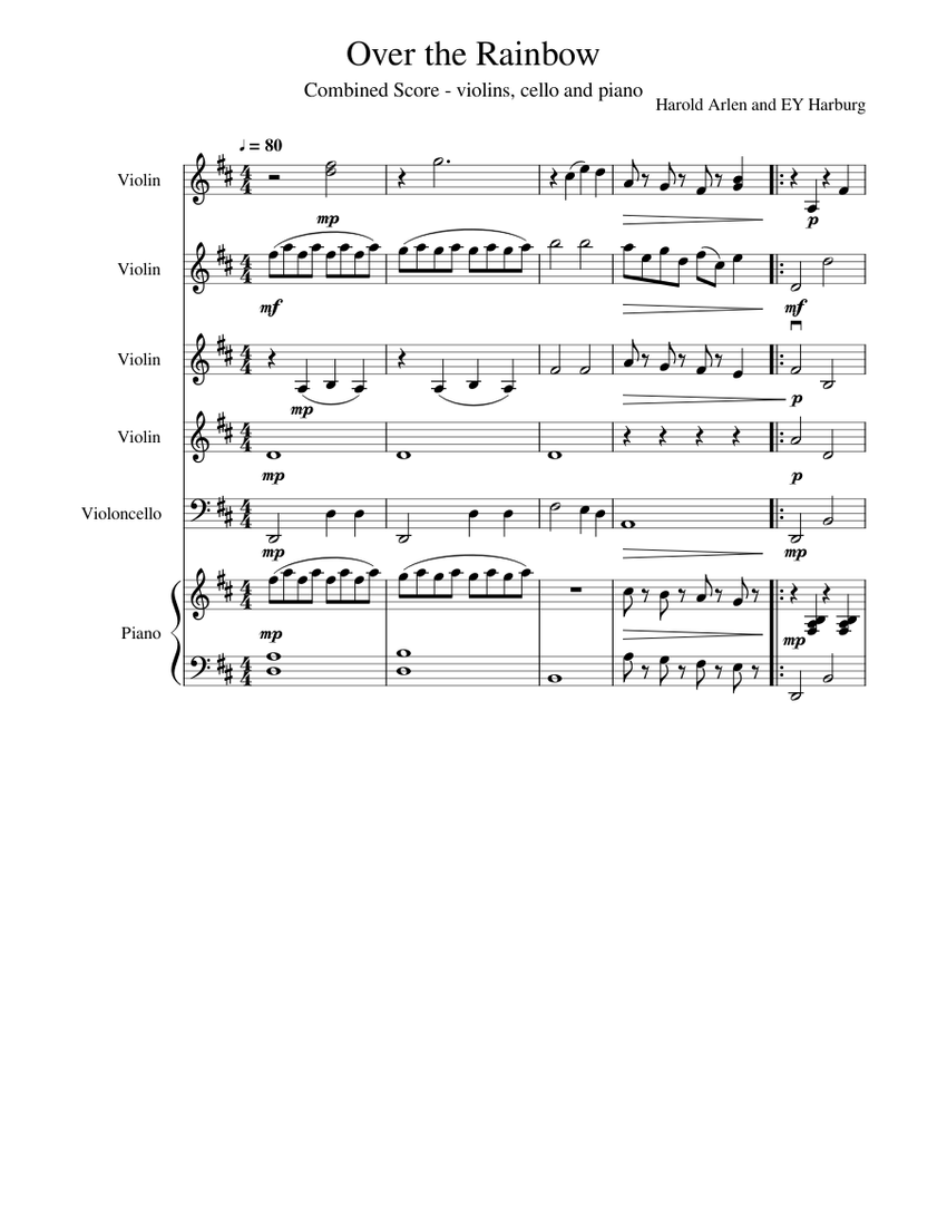 Somewhere Over the Rainbow Sheet Music for Piano, Violin, Cello (String ...