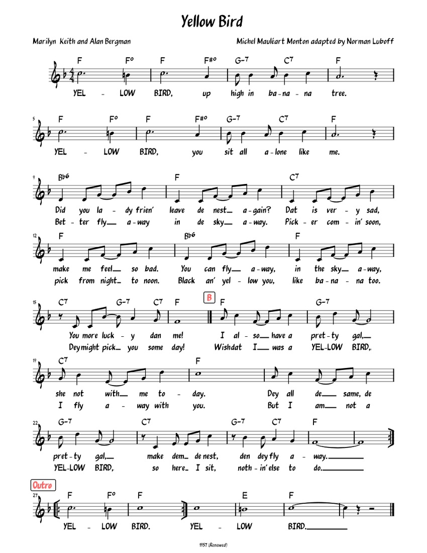 Yellow Bird (Lead sheet with lyrics ) Sheet Music with Chords for Piano ...