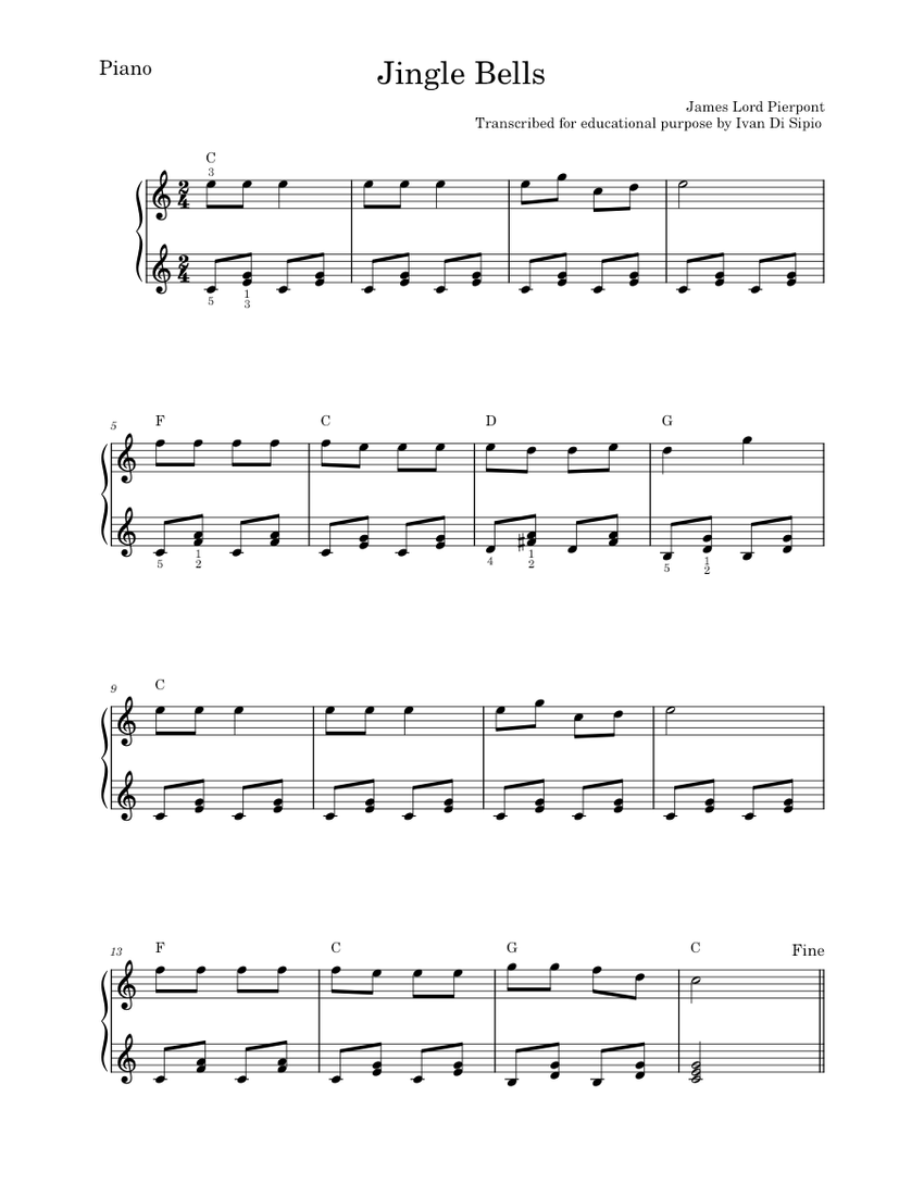 Jingle Bells (easy piano) Sheet Music with Chords for Piano (Solo ...