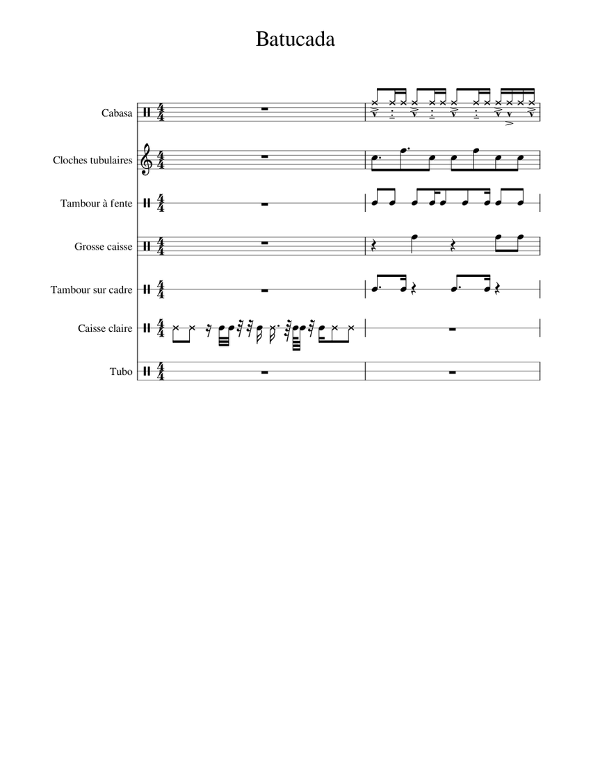Batucada Sheet music for Snare drum, Bass drum, Tubular bells, Cabasa ...