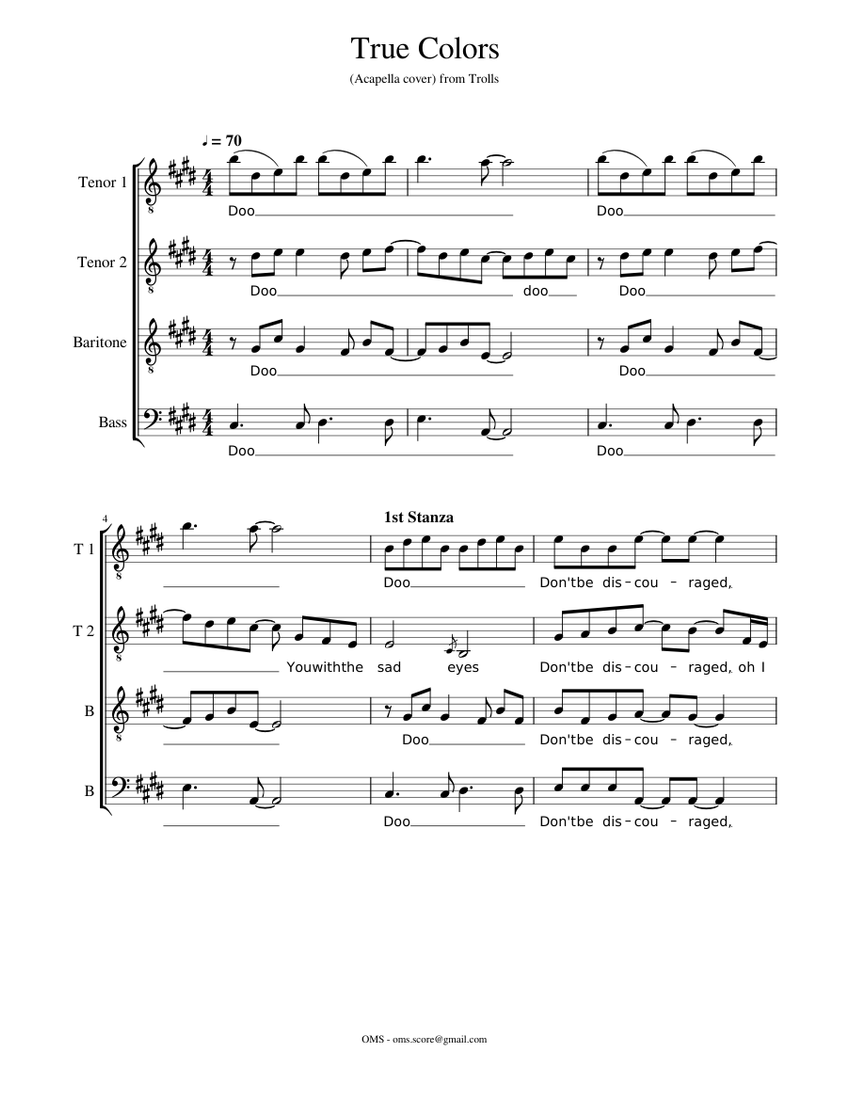 True Colors - A capella Sheet music for Tenor, Bass voice, Baritone (A ...