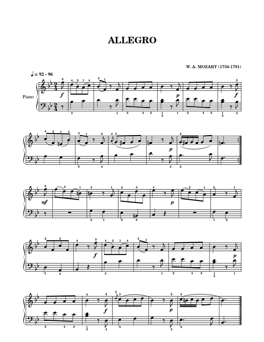 ALLEGRO – Wolfgang Amadeus Mozart Sheet Music for Piano (Solo) Easy ...