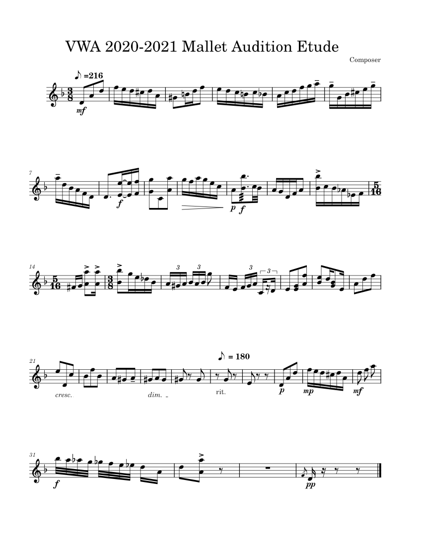 VWA 2020-2021 Mallet Audition Etude - piano tutorial