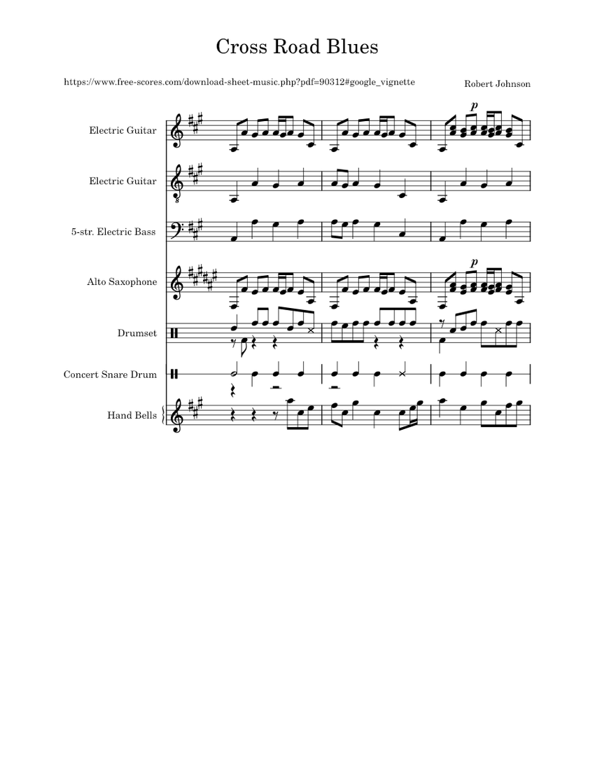 Cross Road Blues – Robert Johnson Sheet Music for Saxophone alto, Snare drum, Guitar, Bass ...