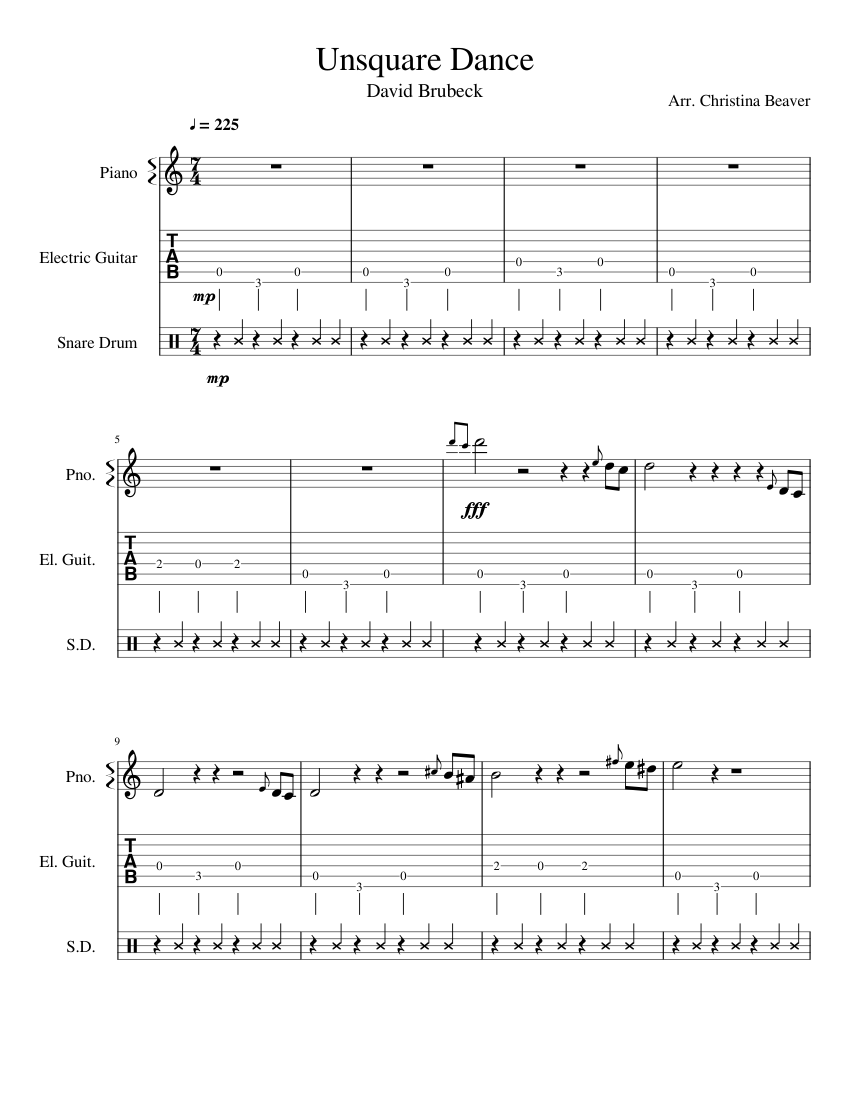 Unsquare Dance Sheet Music and Tab for Piano, Snare drum, Guitar (Mixed ...