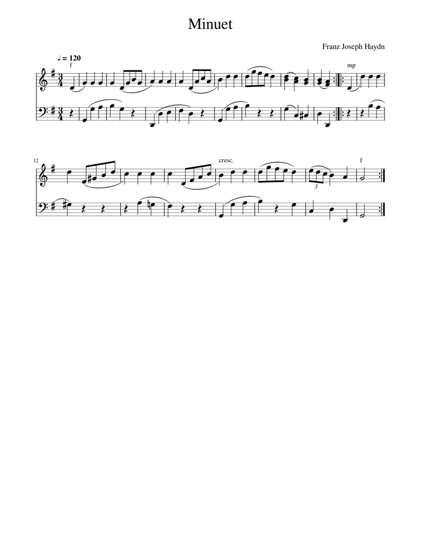 Franz Joseph Haydn - Minuet Sheet music for Piano (Piano Duo ...