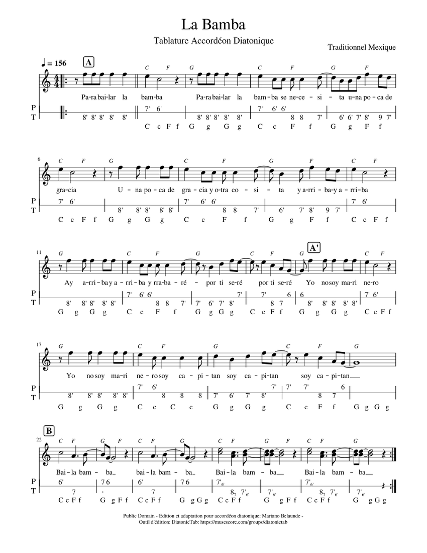 La Bamba – Tradicional Mexico Sheet Music with Chords for Accordion ...