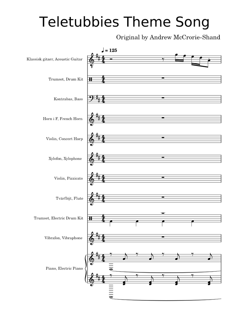 Teletubbies Theme Song Sheet Music for Piano, Flute, French horn ...