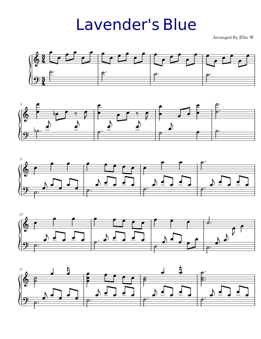 Lavender's Blue (2)- Cinderella 2015 Sheet Music for Piano (Solo) easy ...