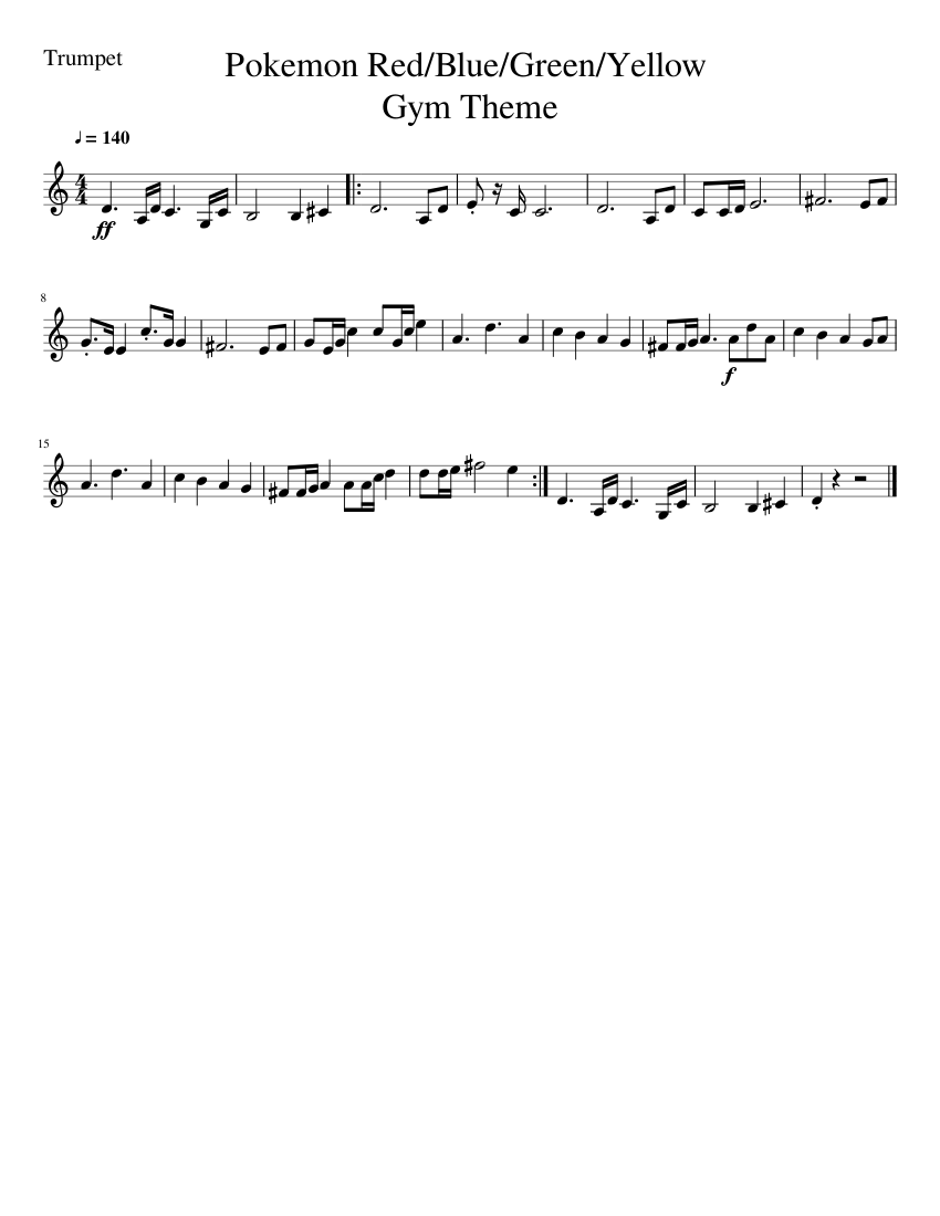 Pokemon Red: Gym Theme Sheet Music for Trumpet in b-flat (Solo ...