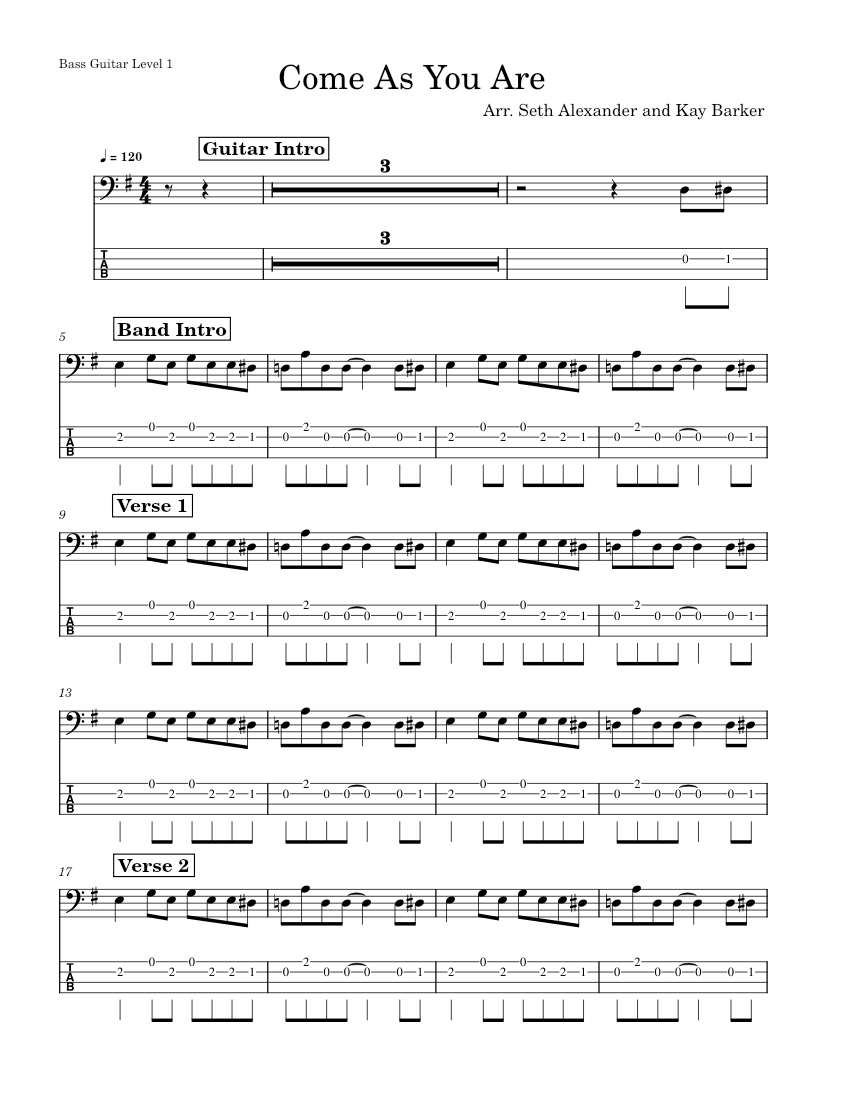 Come as you are – Nirvana - Bass Guitar Level 1 Sheet Music for Bass ...
