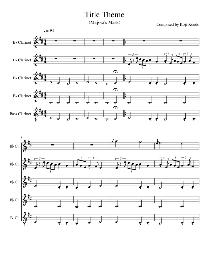 Majora's Mask Title Theme (Clarinet and Bass Clarinet) Sheet music for ...