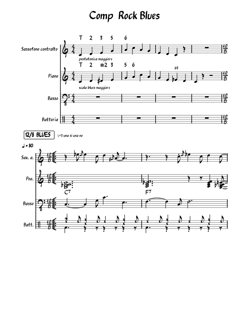 Comp Rock Blues Sheet Music with Chords for Piano, Saxophone alto, Bass ...