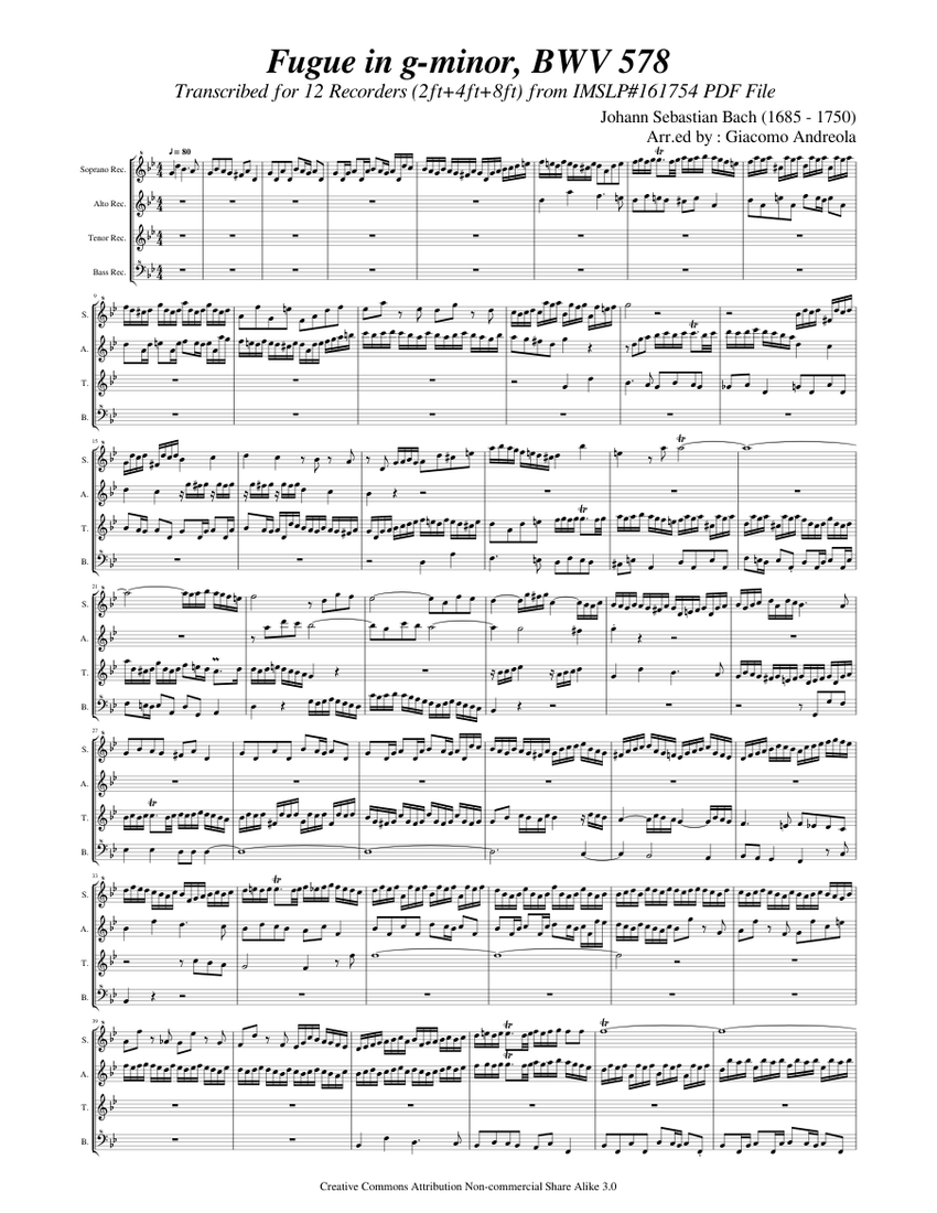 Bach, J.S. _ Fuga in g-minor, BWV 578 [12 Recorders] Sheet Music for ...