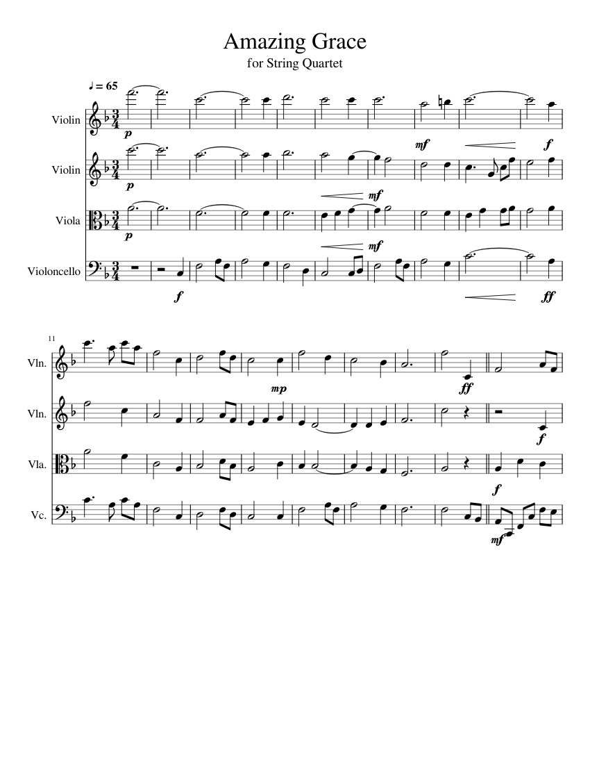 Amazing Grace Sheet music for Violin, Viola, Cello (String Quartet ...