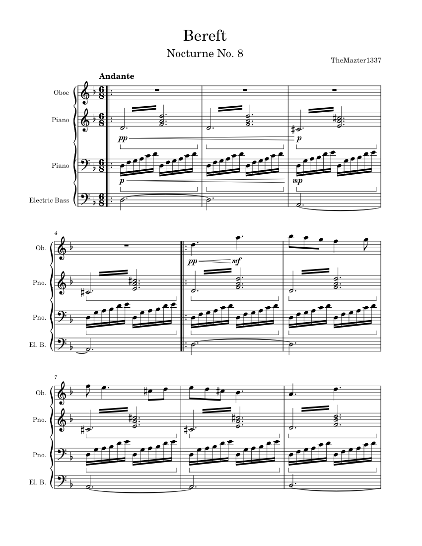 Bereft - Nocturne in D Minor Sheet music for Piano, Oboe, Bass guitar ...
