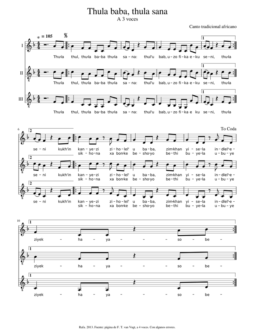 Thula baba, thula sana a 3 v Sheet Music for Piano, Vocals (Mixed Trio ...