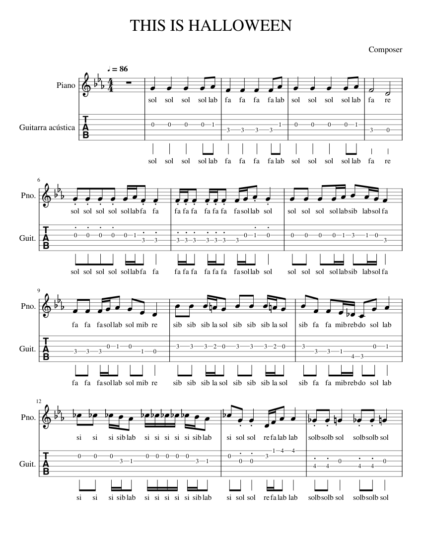 This is halloween theme Sheet Music and Tab for Piano, Guitar (Mixed ...