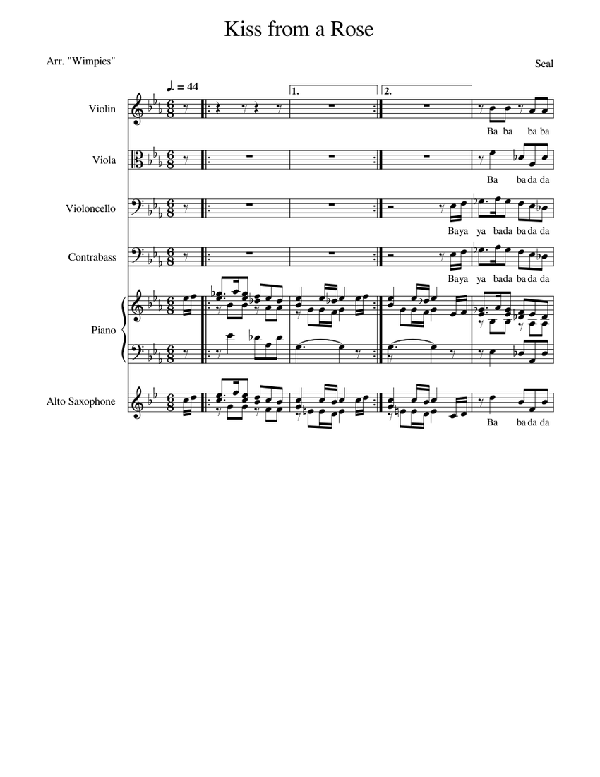 Kiss from a Rose Sheet music for Piano, Saxophone alto, Contrabass ...