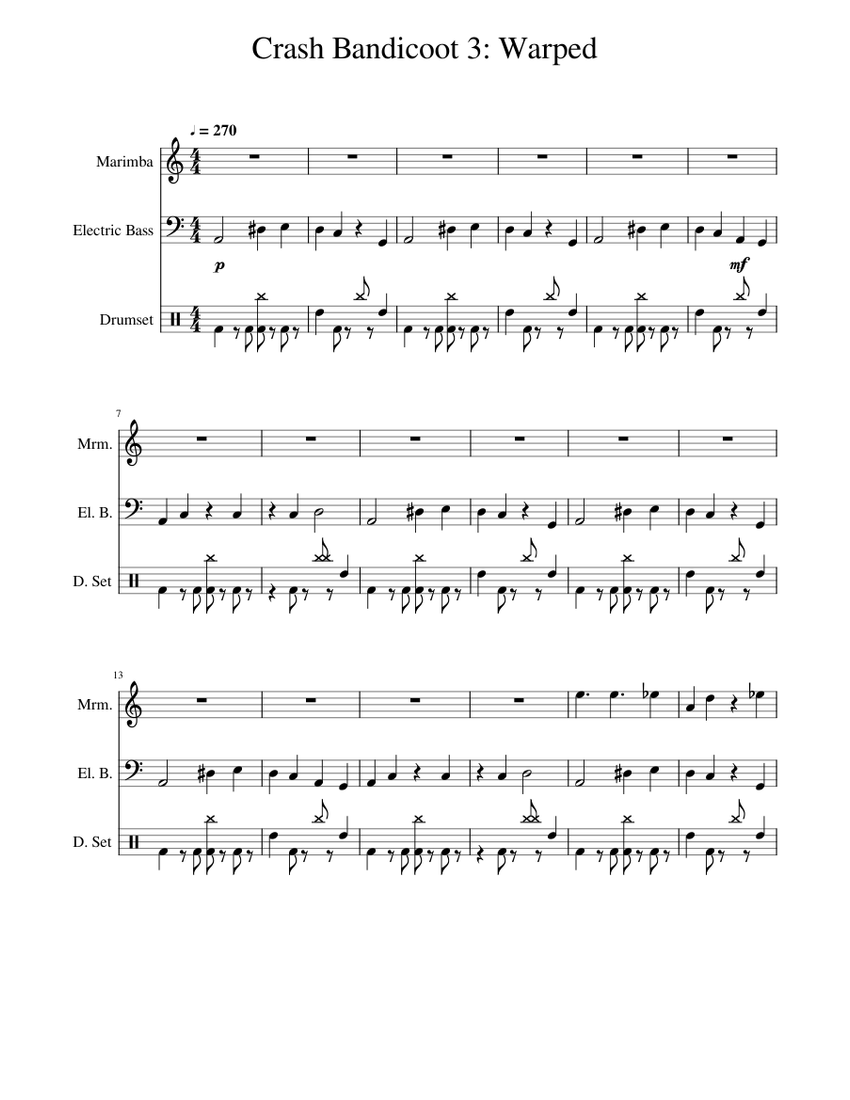 Crash Bandicoot 3: Warped Theme Sheet Music for Bass guitar, Drum group ...