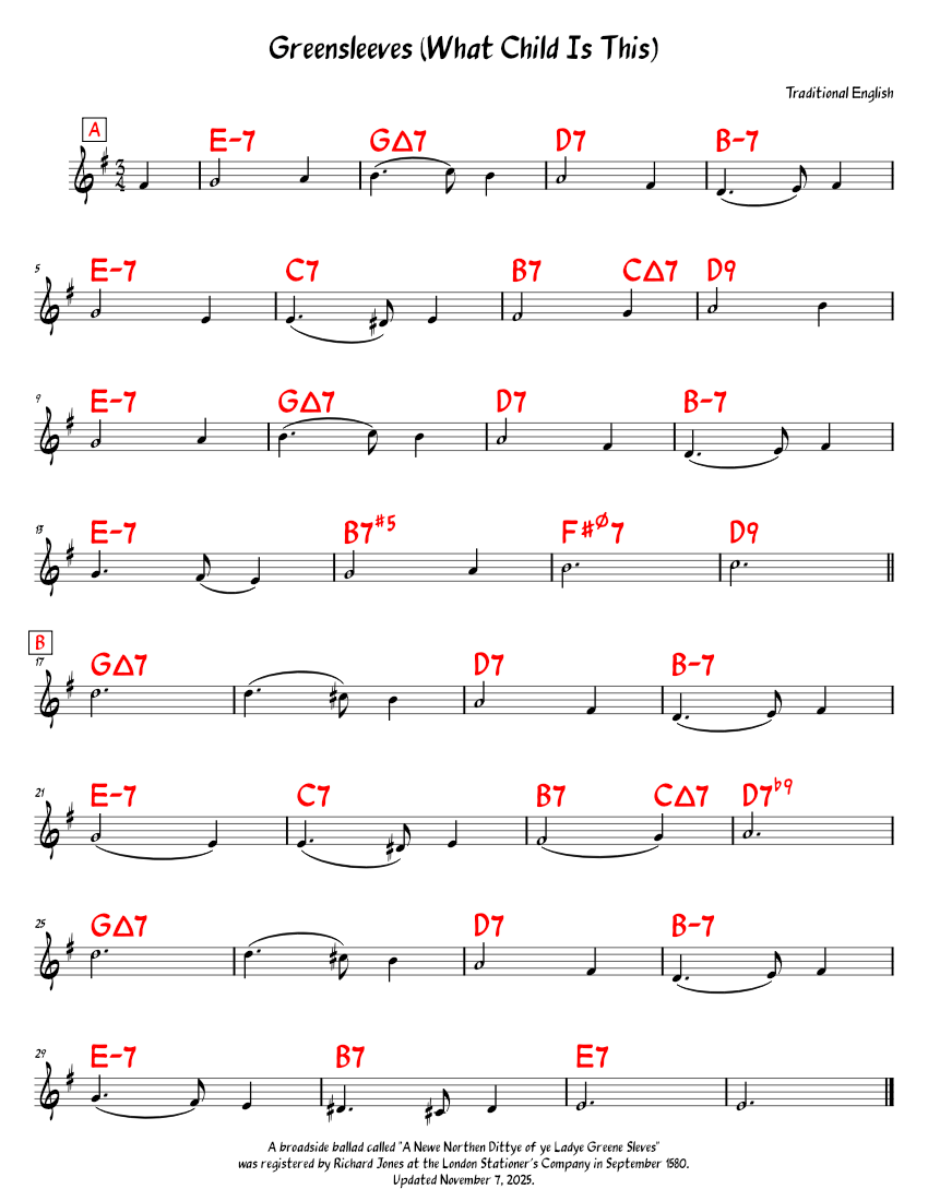 Greensleeves (What Child Is This) – Richard Jones (Lead Sheet) Sheet ...