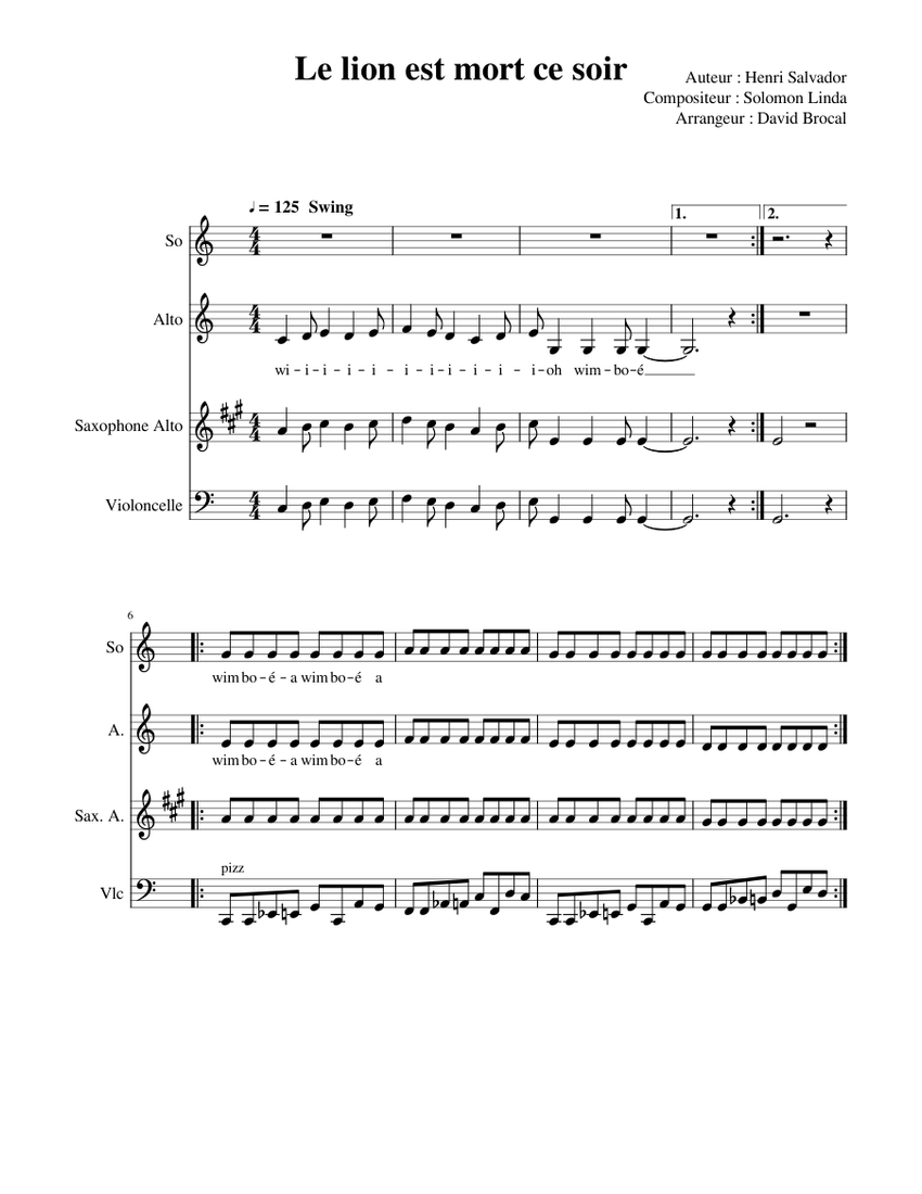 Le_lion_est_mort_ce_soir Sheet Music for Soprano, Alto, Saxophone alto ...