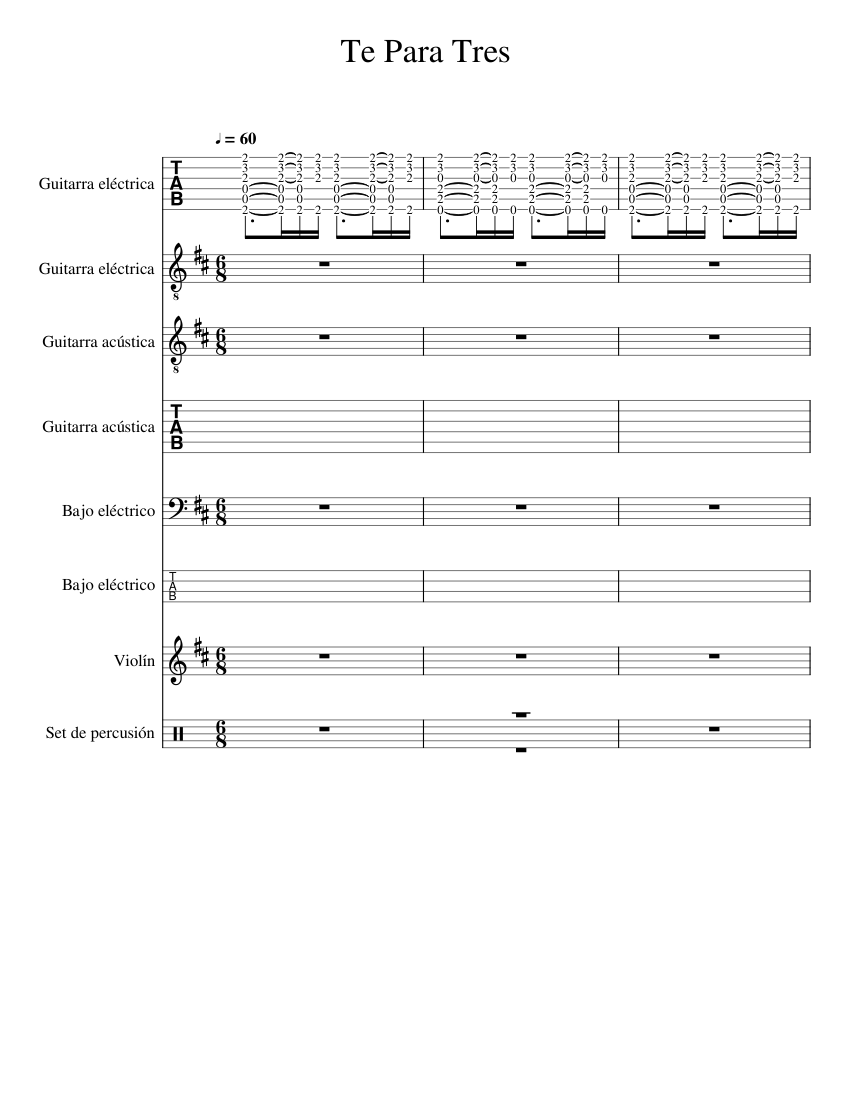 Te Para Tres Sheet Music and Tab for Violin, Guitar, Bass guitar, Drum ...