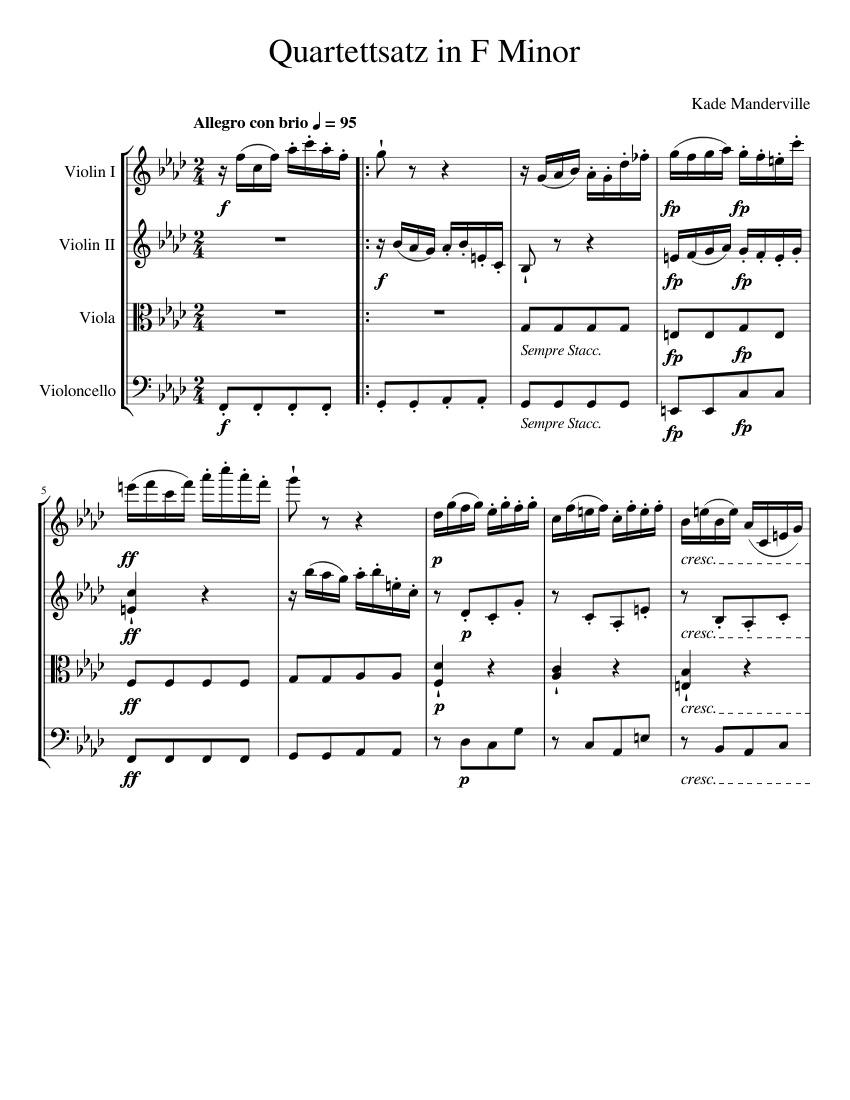 Quartettsatz No. 2 in F Minor "Prelude" (Original Composition) Sheet Music for Violin, Viola ...