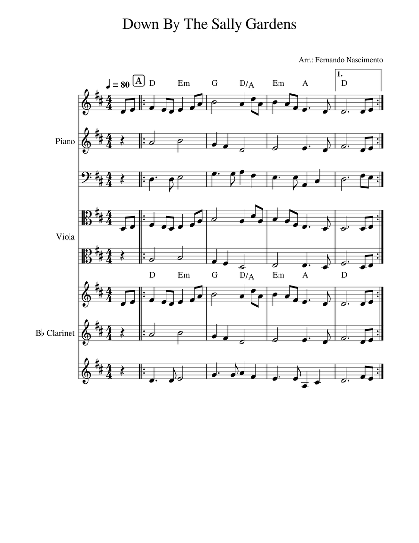 Down By The Sally Gardens Sheet Music with Chords for Piano, Clarinet ...
