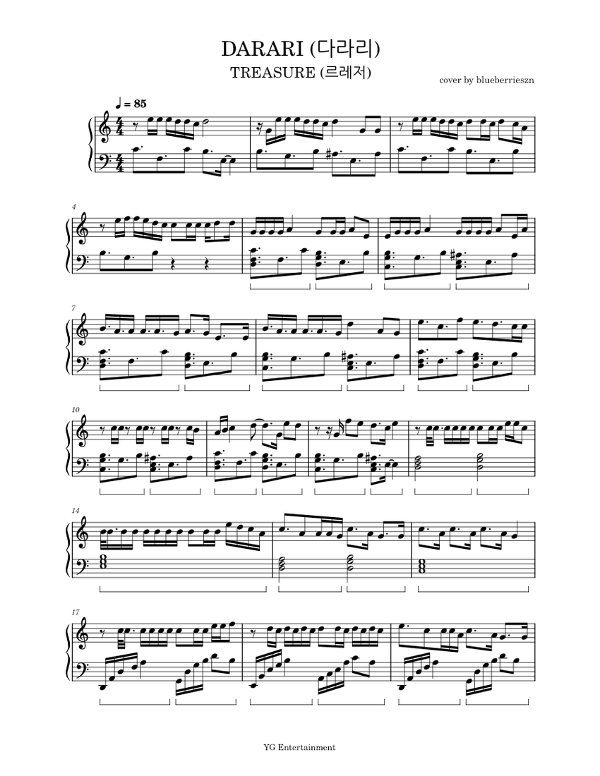 Darari 다라리 Treasure 트레저 Sheet Music For Piano Solo