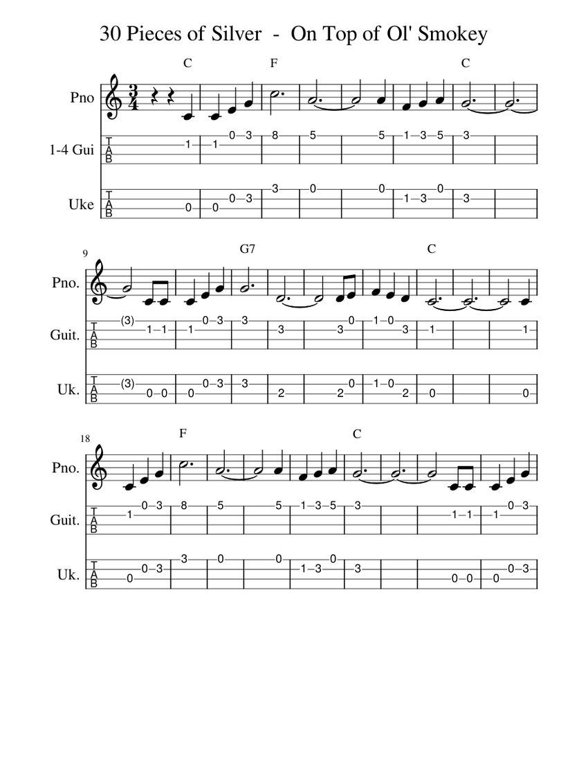 30 Pieces of Silver Sheet Music and Tab for Piano, Guitar, Ukulele ...