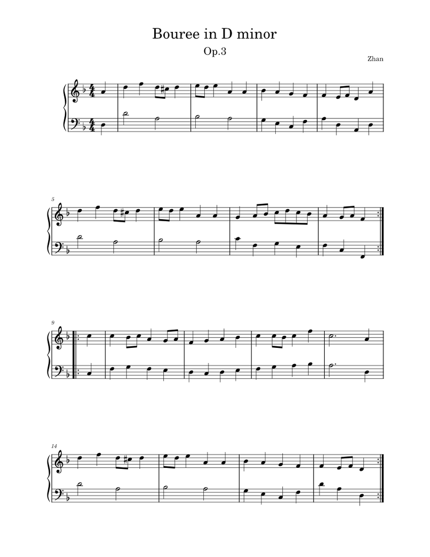 Opus 3 Bouree in D minor Sheet music for Piano (Solo) Easy | Musescore.com