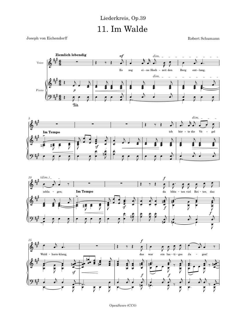 Schumann, Robert - Liederkreis, Op.39, No.11 - Im Walde Sheet Music for ...