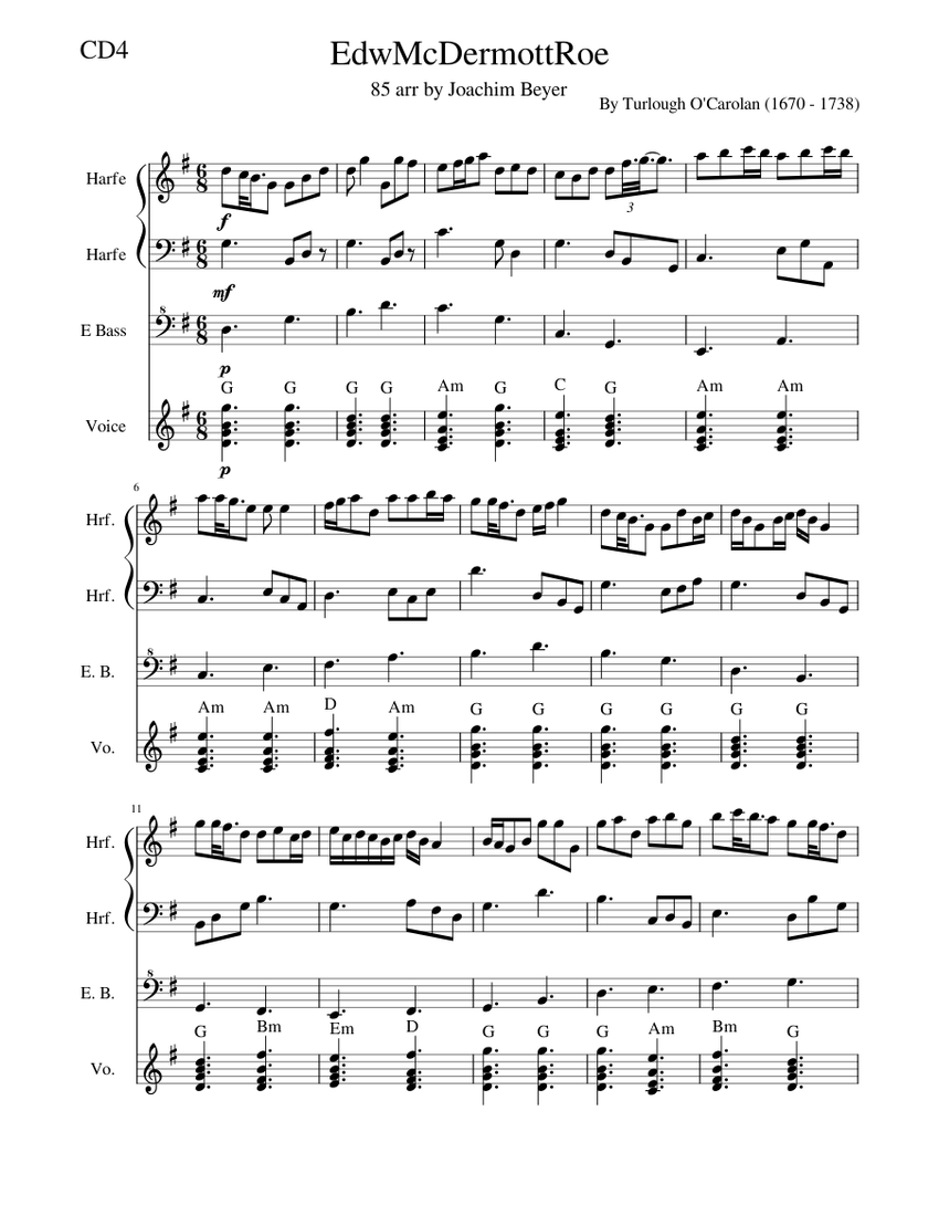 Edward MacDermott Roe – Turlough O'Carolan Sheet music for Vocals, Bass ...