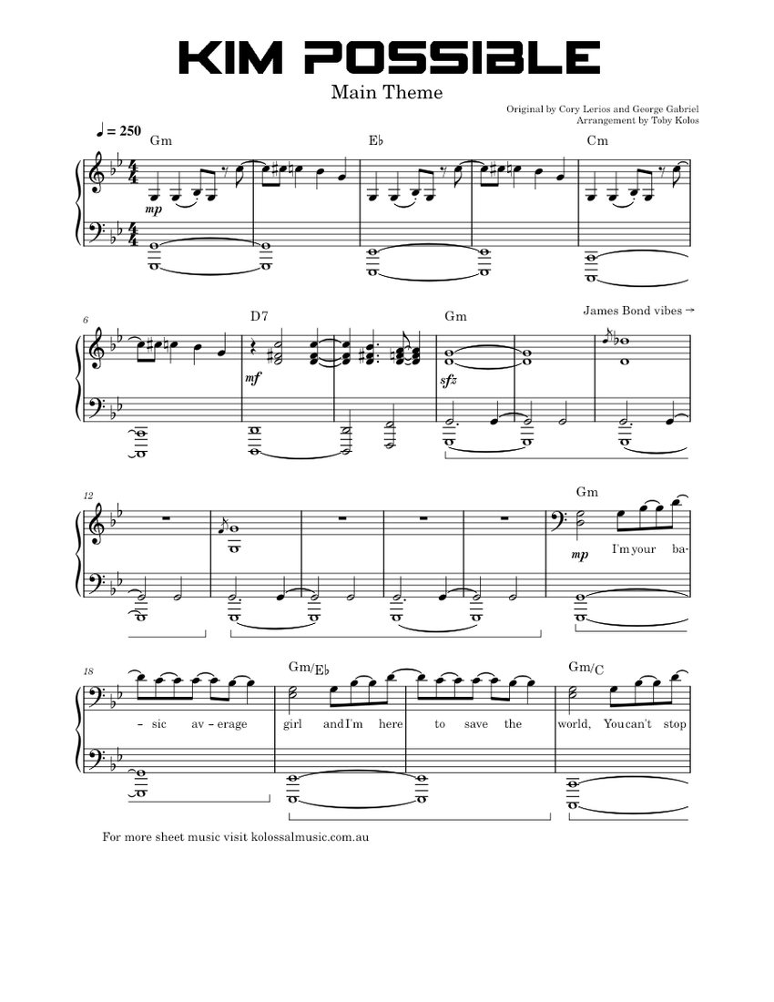 Kim Possible's Theme but as a Spy Thriller Sheet Music for Piano (Solo ...