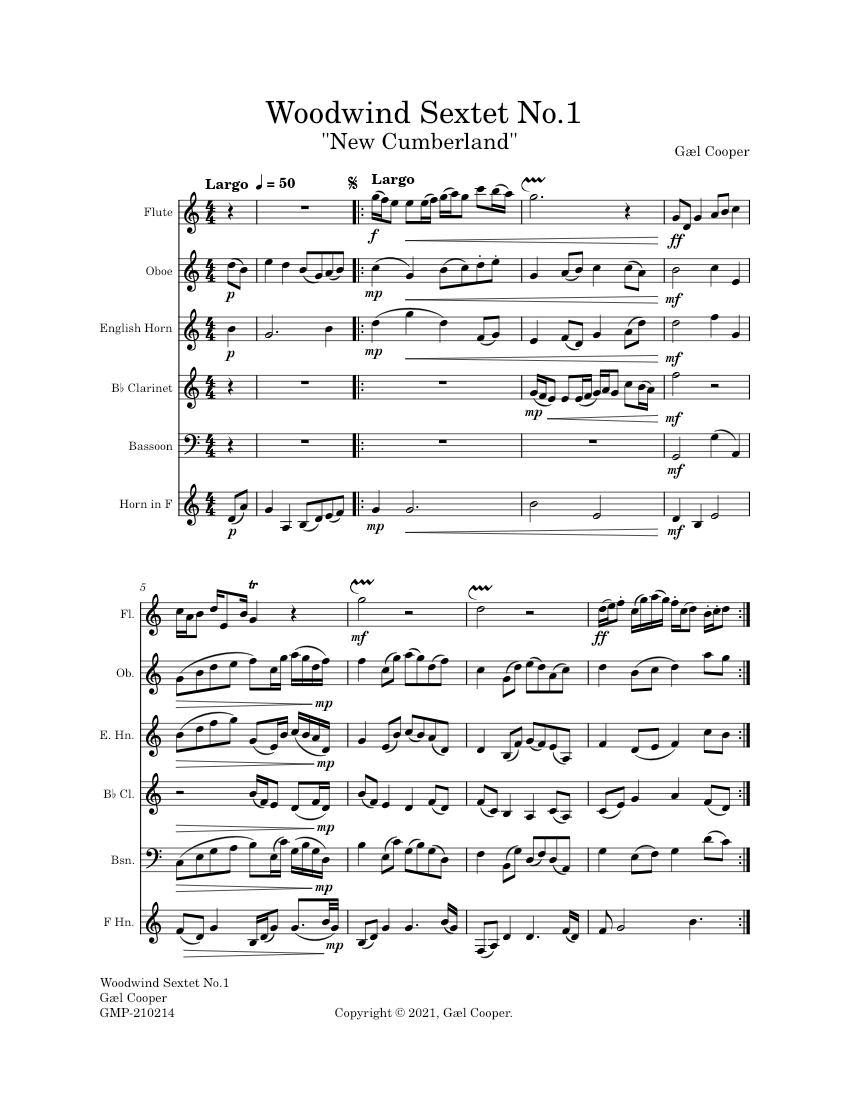 Woodwind Sextet No. 1 - Gæl Cooper Sheet Music for Flute, Oboe ...