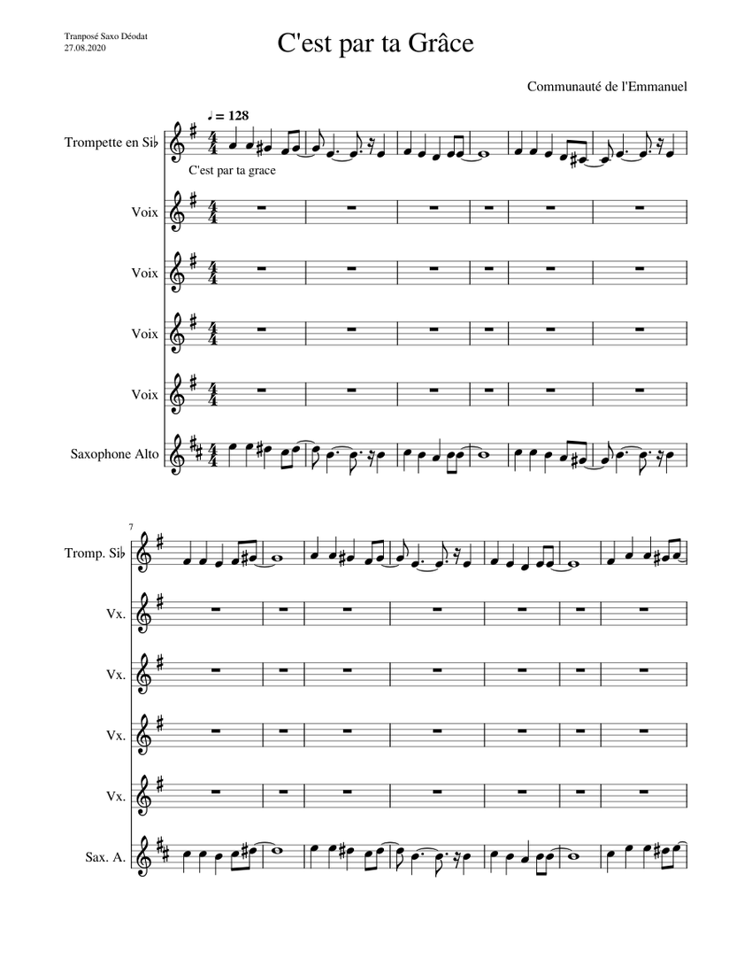 C'est par Ta Grace Sheet music for Vocals, Saxophone alto, Trumpet in b ...