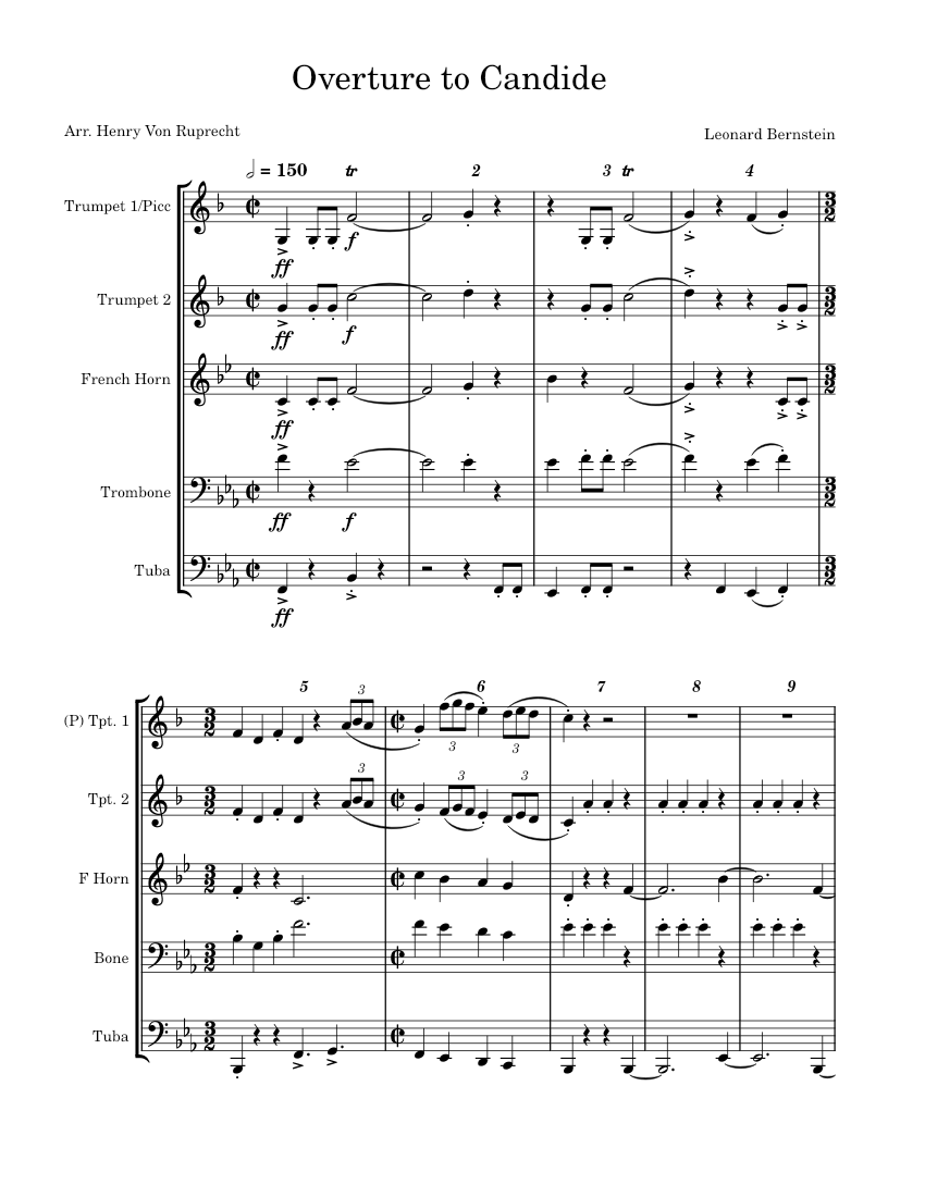Overture to Candide – Leonard Bernstein Sheet Music for Trombone, Tuba, Trumpet piccolo, Trumpet ...