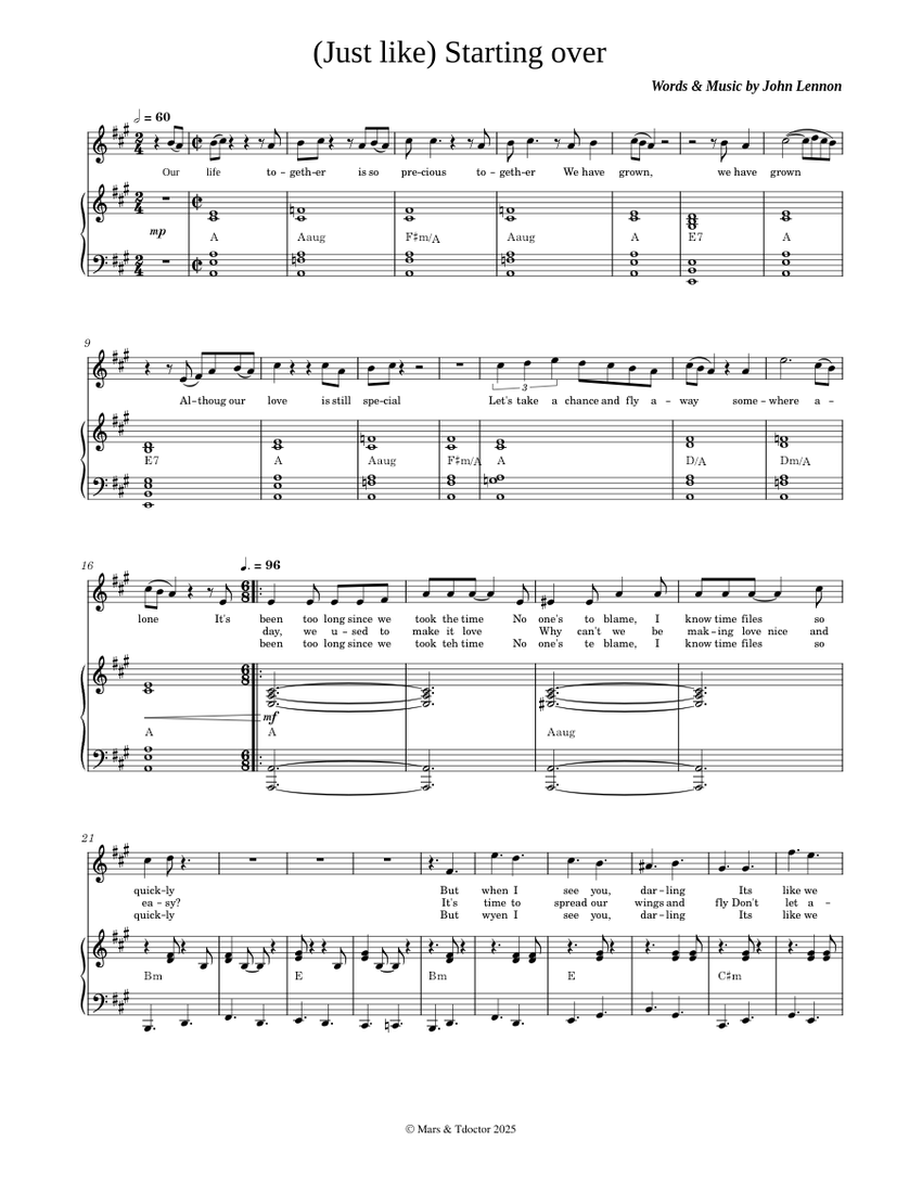 Just like starting over – John Lennon (Just Like) Starting Over Sheet music for Piano, Marimba ...