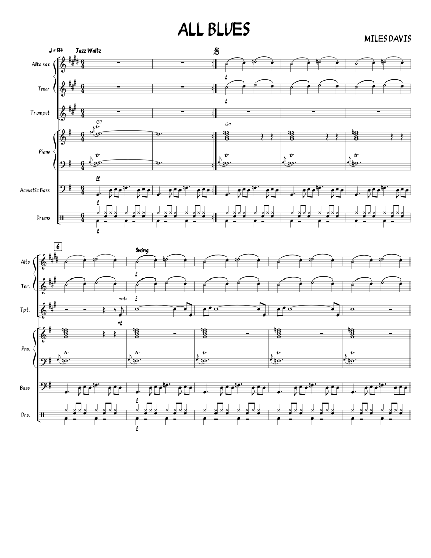 All Blues Sheet Music with Chords for Piano, Saxophone alto, Saxophone ...