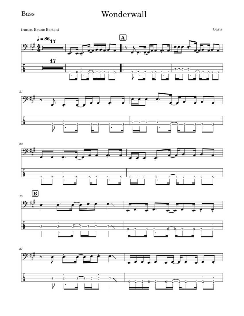Wonderwall Bass & Tab Sheet Music for Bass guitar (Solo) | MuseScore.com
